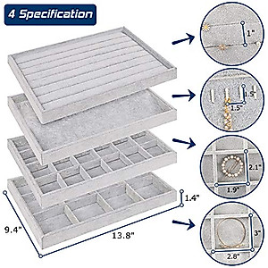 Mebbay Stackable Velvet Jewelry Trays Organizer, Jewelry Storage Display Trays for Drawer, Earring Necklace Bracelet Ring Organizer, Set of 4 (Grey)
