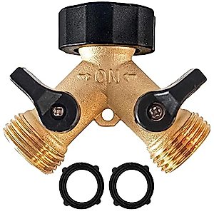 Hourleey Brass Garden Hose Splitter 2 Way, 3/4 Inch Hose Connector Tap Splitter, Hose Y Splitter, Hose Spigot Adapter 2 Valves with Extra Rubber Washers (1)