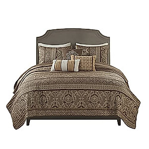 Madison Park Quilt Traditional Damask Design All Season, Lightweight Coverlet Bedspread Bedding Set, Matching Shams, Pillows, King/Cal King(104"x94"), Bellagio, Jacquard Brown/Gold 6 Piece (MP13-369)