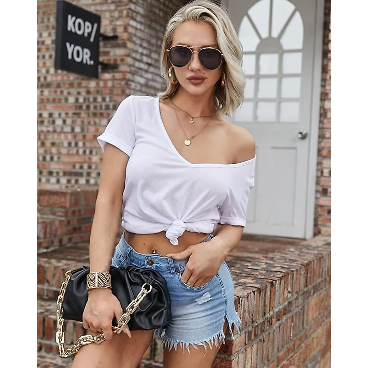 Beyove Women's Classic-Fit Short-Sleeve V-Neck T-Shirt, Multipacks White Grey