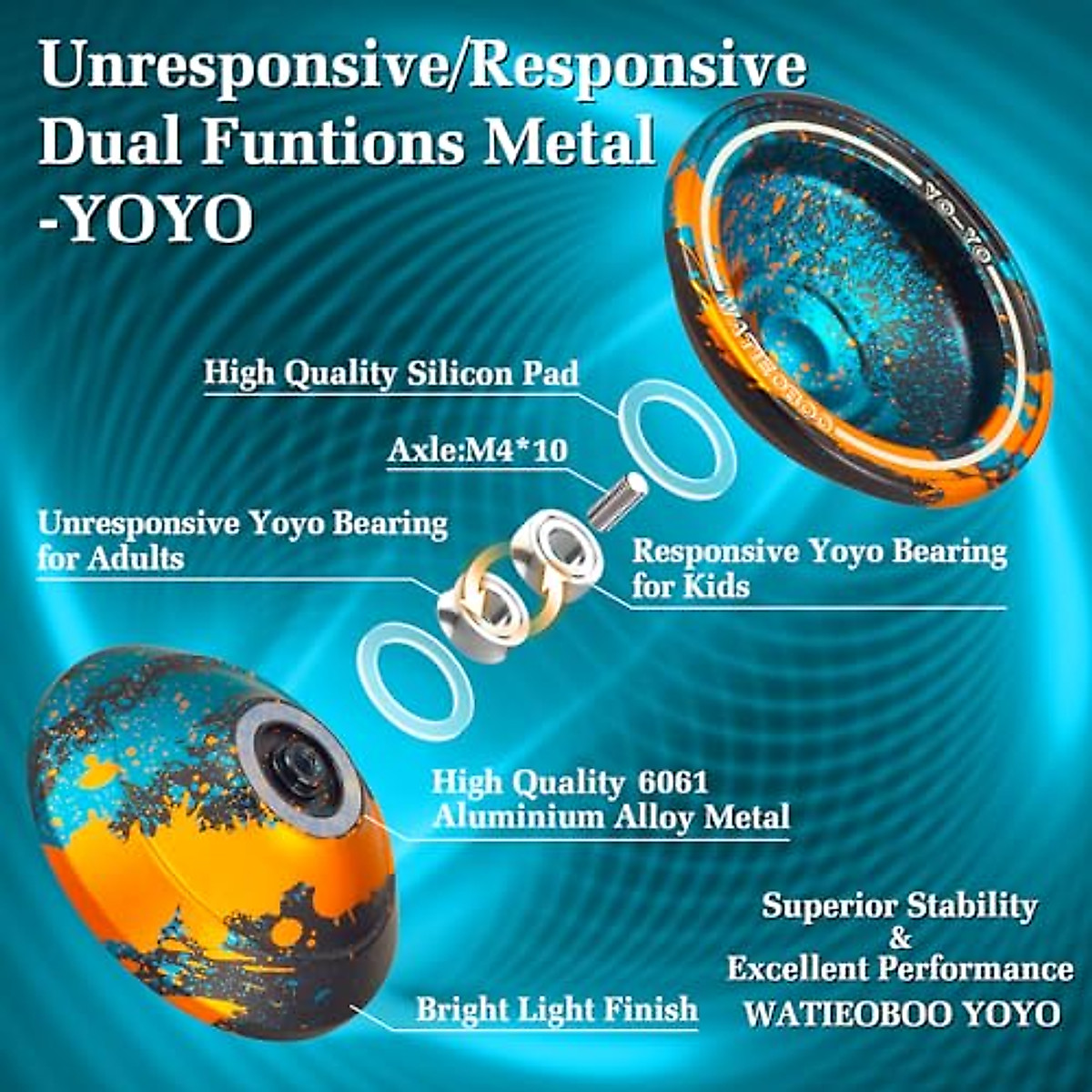 WATIEOBOO M18 Responsive & Professional Unresponsive Yoyo - Kids 8-12 & Adults Pro Metal Trick Yoyo with Yo Yo Bearing Kit, 10 Strings, Case & Gloves (Green, Yellow, Black)