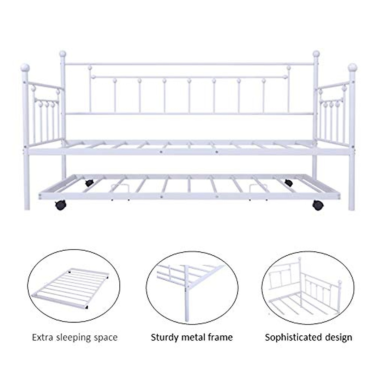Modern Daybed with a Trundle Twin Size,Daybed Metal Frame with Pullout Trundle for Kids Teens and Adults, No Box Spring Needed,White Gray