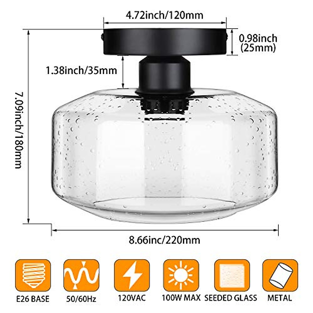 Industrial Semi-Flush Mount Ceiling Light, Seeded Glass Pendant Lamp Shade, Black Farmhouse Lighting for Hallway Porch Corridor Kitchen Bedroom, Modern Indoor Hanging Light Fixtures, Bulb Not Included