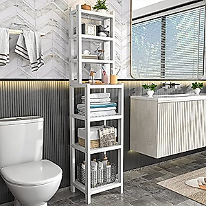 Homykic Bamboo Bathroom Storage Shelf, 7-Tier Detachable Narrow Shelf Freestanding Towel Rack Wood Corner Stand Organizer for Corner, Bathroom, Living Room, Bedroom, Kitchen, White