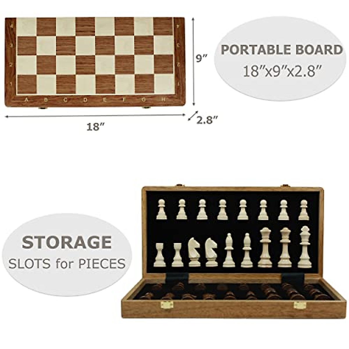 Wooden Chess Set for Kids and Adults – 18 inch Staunton Chess Set - Large Folding Chess Board Game Sets - Storage for Pieces | Wood Pawns - 2 Extra Queens