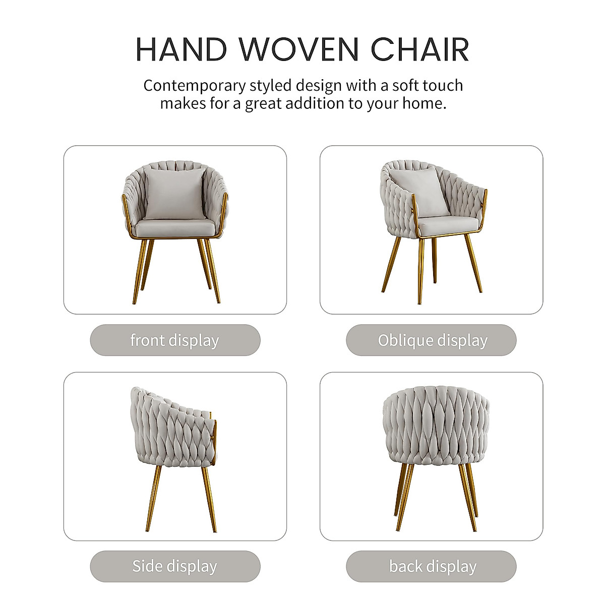 BOSMILLER Woven Dining Chairs, Modern Dining Room Chairs with Gold Metal Non-slip Legs, Curved High Backrest Round Upholstered Dining Chair with Headrest, for Living Room, Dining Room (Beige)