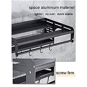 OUDINUO Merry Christmas Black Multifunctional Double Bracket Aluminum Microwave Oven Wall Mount Shelf with 10 Removable Hooks and Fresh Wrapper Rolls Holder