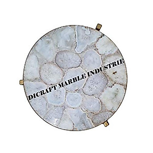 Natural White Agate Stone Round 24" x 24" Inch Table with Gold Foil Border & Metal Base, White Agate Stone Coffee Table & Metal Stand, White Agate Coffee Table, Piece Of Conversation, Family HeirLoom