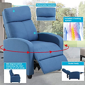 Dkeli Recliner Chair for Living Room Padded Wide Seat Sofa Fabric Massage Reclining Chair with Footrest & Backrest, Wingback Heavy Duty Modern Single Sofa Home Theater Seating Easy Lounge, Blue