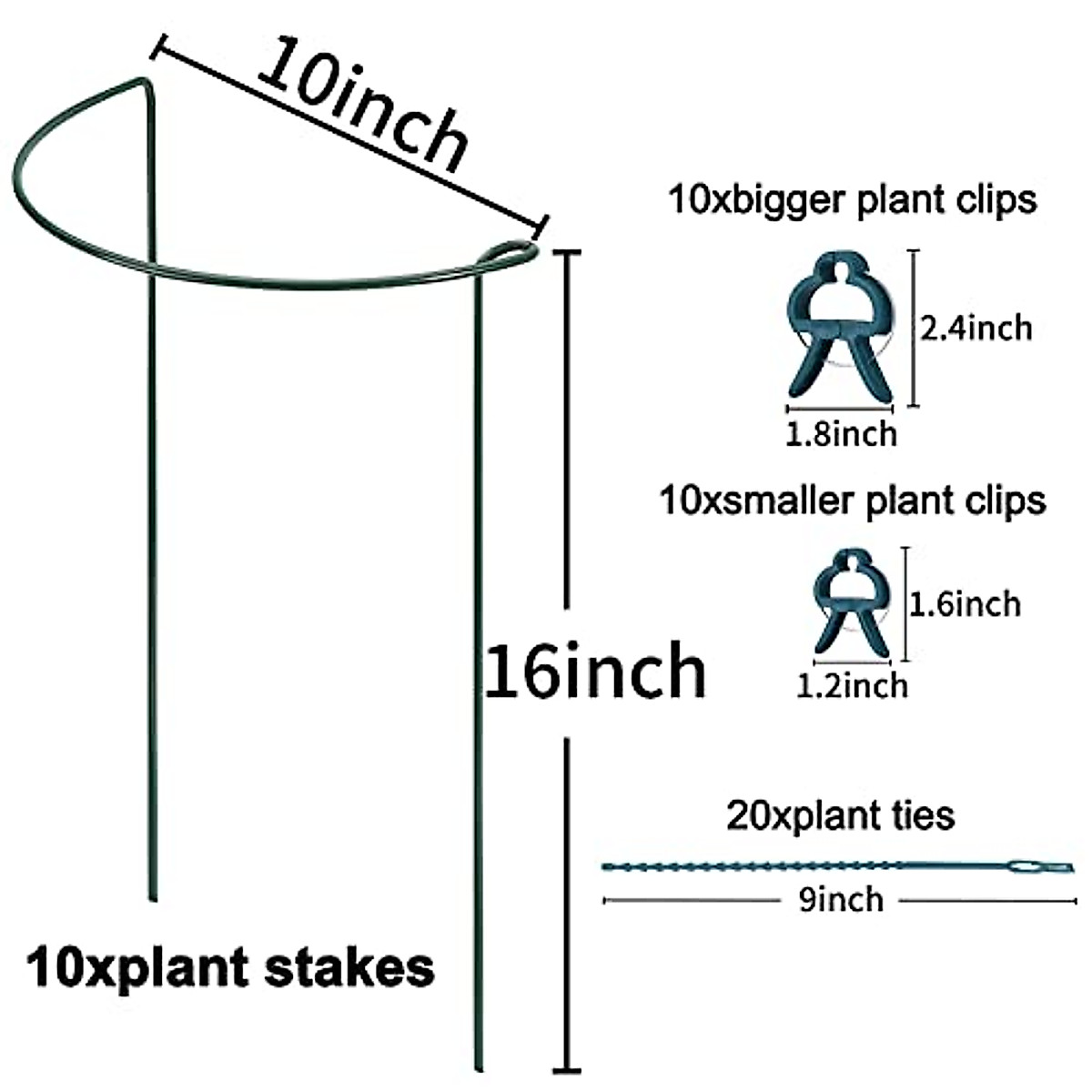 10pack Garden Plant Support Stake 10" Wide x 16" High Half Round Metal Garden Plant Support Ring Border Support, Plant Support Ring Cage for RoseFlowers Vine Tomato with 20pack Plant Clips &Plant Ties