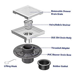 Neodrain 6-Inch Square Shower Drain with Removable Quadrato Pattern Grate,PVC Shower Drain Base and Rubber Gasket for Bathroom Floor Drain, Brushed 304 Stainless Steel, Includes Hair Strainer