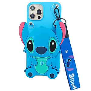 Maoerdo Case Compatible with iPhone 13 Pro Max Cute 3D Cartoon Purse Wallet with Lanyard Wrist Strap Silicone Cover Camera Lens Protector for iPhone 13 Pro Max 6.7-inch 2021 Alien Dog Blue