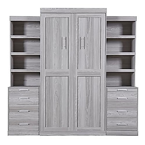 Prohon Twin Vertical Shelf Size Chest with Storage Shelves and Drawers, Saving Wall Canbe Folded into a Cabinet, Strong Wood Slat Support, Versatile Murphy Small Spaces Design Platform Bed, Gray