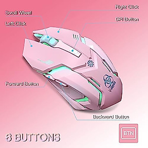 VEGCOO Pink Wireless Gaming Mouse, Silent Click Wireless Mouse with Colorful RGB LED Lights, Rechargeable Computer Mice with Side Buttons and 3 Level DPI, for Laptop and Desktop