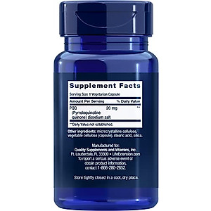 Life Extension PQQ (Pyrroloquinoline Quinone) 20mg Promotes The Growth of New Cellular Mitochondria - Gluten-Free, Once-Daily, Non-GMO, Vegetarian - 30 Vegetarian Capsules