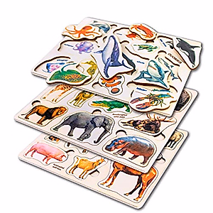 Wooden Puzzles for Toddlers 1-3 – 3 Toddler Puzzles Ages 2-4 by QUOKKA – Montessori Animal Toy Puzzles for Kids Ages 3-5 Year Old – Wood Toy Learning Realistic Animals for Boy and Girl