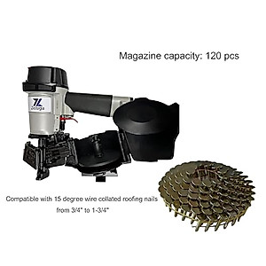 Zeluga 10-145 Pneumatic 15 Degree Coil Roofing Nailer with 120 PCS Load Capacity Coil Nailer Kit with Eye Protection and Repair Kit