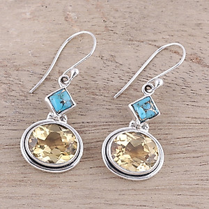 NOVICA Artisan Handmade Citrine Dangle Earrings Ninecarat Composite Turquoise Sterling Silver Reconstituted India Birthstone Gemstone [1.4 in L x 0.6 in W x 0.2 in D] ' Watery Gold'