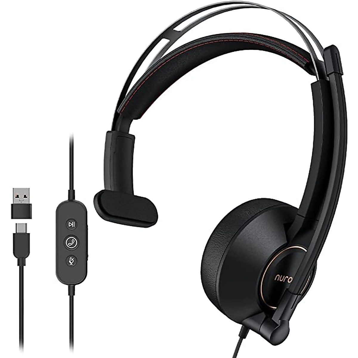 NUROUM Single Ear Computer Headset with Microphone,Wired AI Noice Cancelling Headset with USB in-line Control,USB/Type-C/3.5mm Jack for Calling/Gaming/Conference/Music