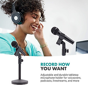 Movo TMC-5 Heavy Duty Desktop Microphone Stand with Weighted Round Base and Mic Holder for Desk - 16" Extendable Microphone Desk Stand - Compact Metal Desktop Mic Stand for Podcasts, Gaming