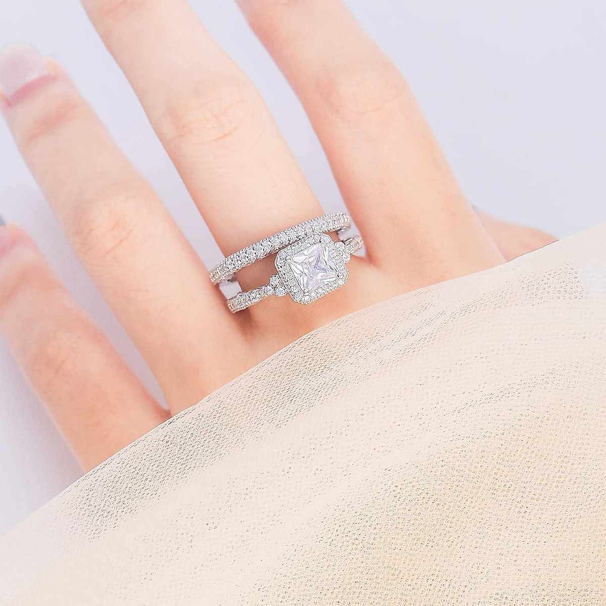 Yaresul 0.8ct Princess Cut Engagement Ring Sets 6X6mm White AAA Solitaire Cubic Zirconia Engagement Ring Set 925 Sterling Silver Wedding Ring Set for Women Size 9