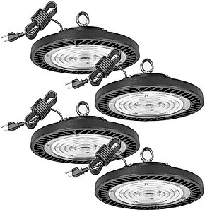 200W-4Pack UFO LED High Bay Light,22000lm 6000K Daylight 2000W Equivalent with US Plug Cable LED Garage Lights Commercial Warehouse Area Light Workshop Garage Factory Lowbay Area Lighting