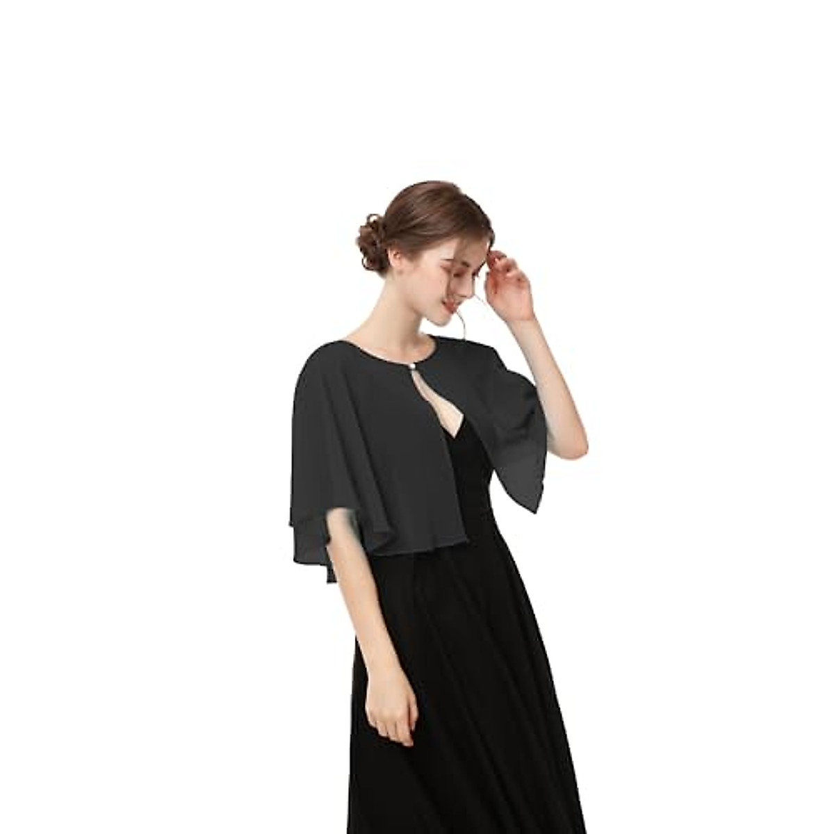 Chiffon Capelet Women's Soft capes Shawls and Wraps for Evening Dress Wedding Cape Cover Up (Black)