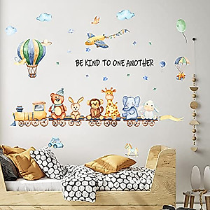 Yovkky Baby Train Animals Elephant Giraffe Monkey Wall Decals, Peel Stick Hot Air Balloon Aircraft Rabbit Bear Stickers Nursery Decor, Home Kids Room Decoration Boy Girl Bedroom Playroom Art Gifts