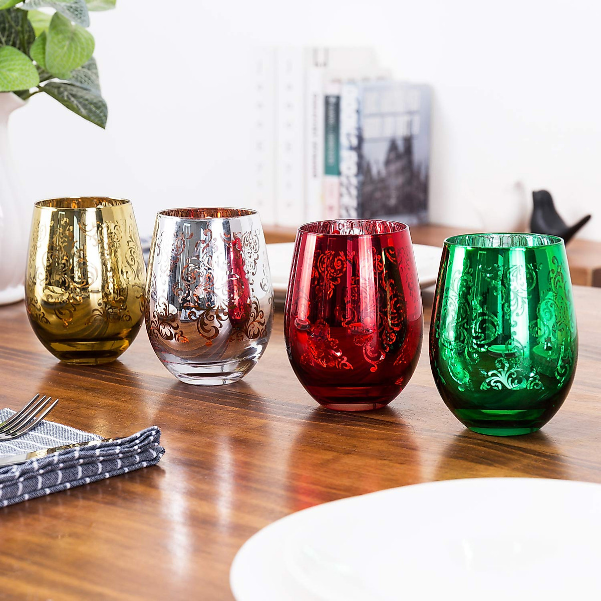 MyGift Assorted Christmas Themed Stemless Wine Glasses, Set of 4