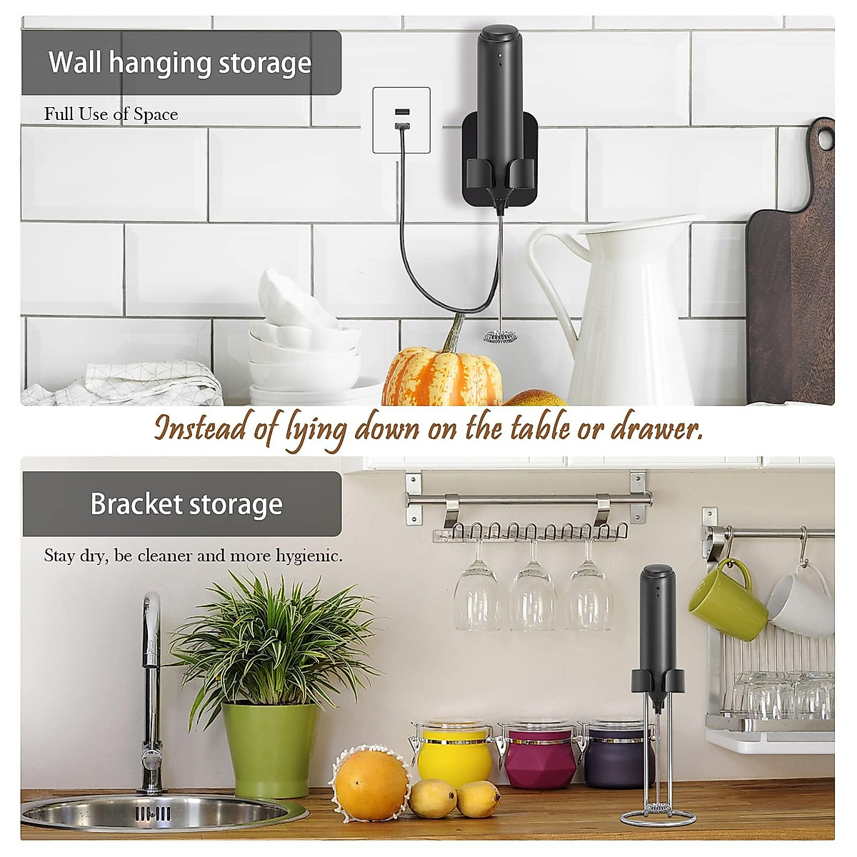 Rechargeable Milk Frother Handheld for Coffee, Electric Stirrer with Wall Mounted Stand, Whisk Drink Mixer Wand, Milk Foamer for Matcha Latte