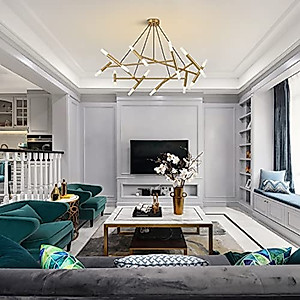 BOKT Mid Century Modern 20-Light Polygonal Chandelier Light Fixture for Kitchen Living Room Foyer Dining Room Ceiling Lamp Includ G4 Warm White Bulbs (Bronze)