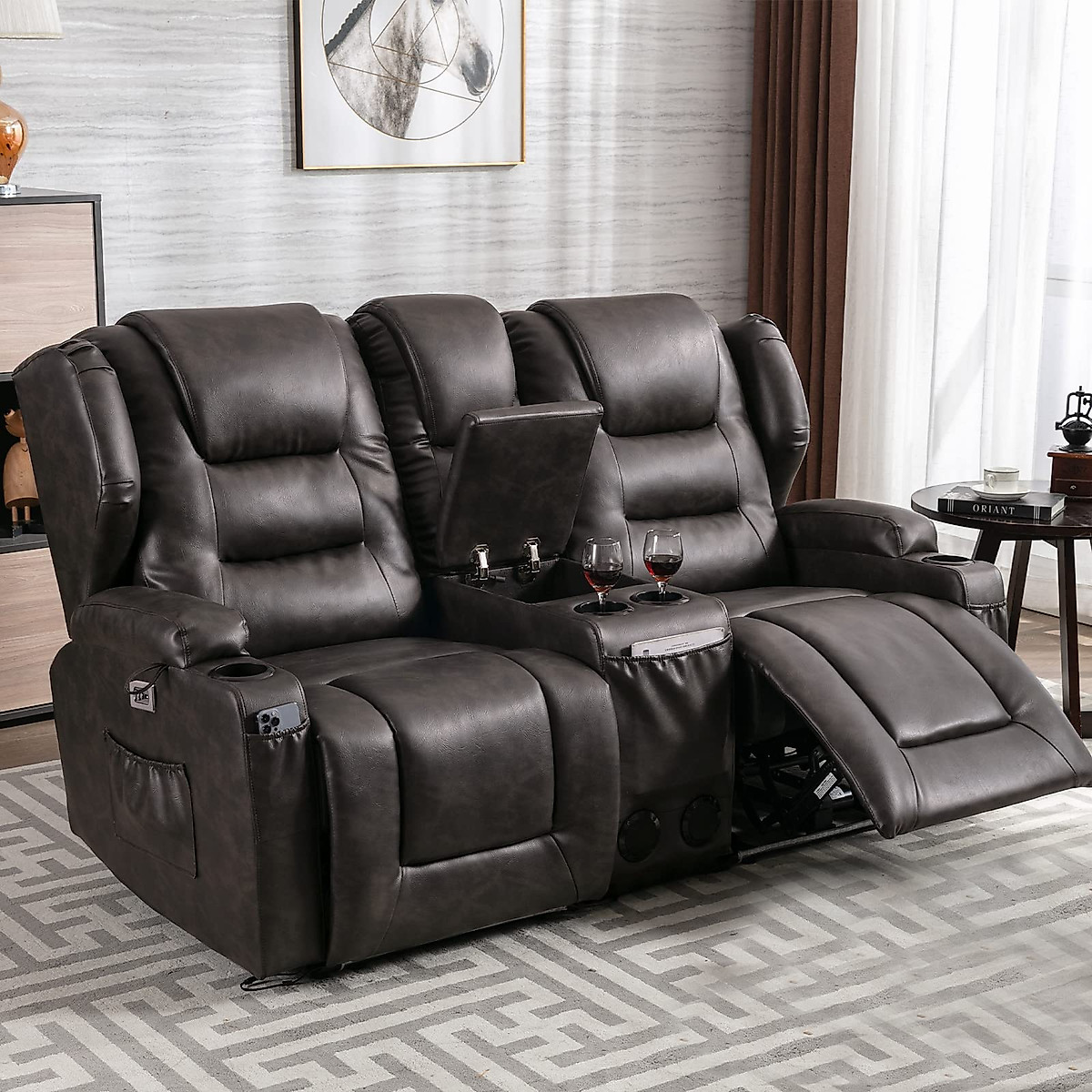 ETAGERIA Home Theater Seating 67" RV Recliner Double Reclining Loveseat Electric Recliner Loveseat Sofa with Console,Light Bar,Cup Holder (Black Grey)