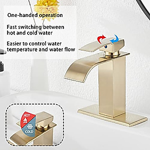 Brushed Gold Bathroom Faucet GGStudy Waterfall Bathroom Sink Faucet Deck Mount Single Handle One Hole Bathroom Vanity Faucet with Pop Up Drain