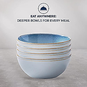 Corelle Stoneware 4-Pc Bowl Set, Handcrafted Artisanal Double Bead Bowls, Reactive Glaze Stoneware, 21-Oz Bowl Set, Nordic Blue