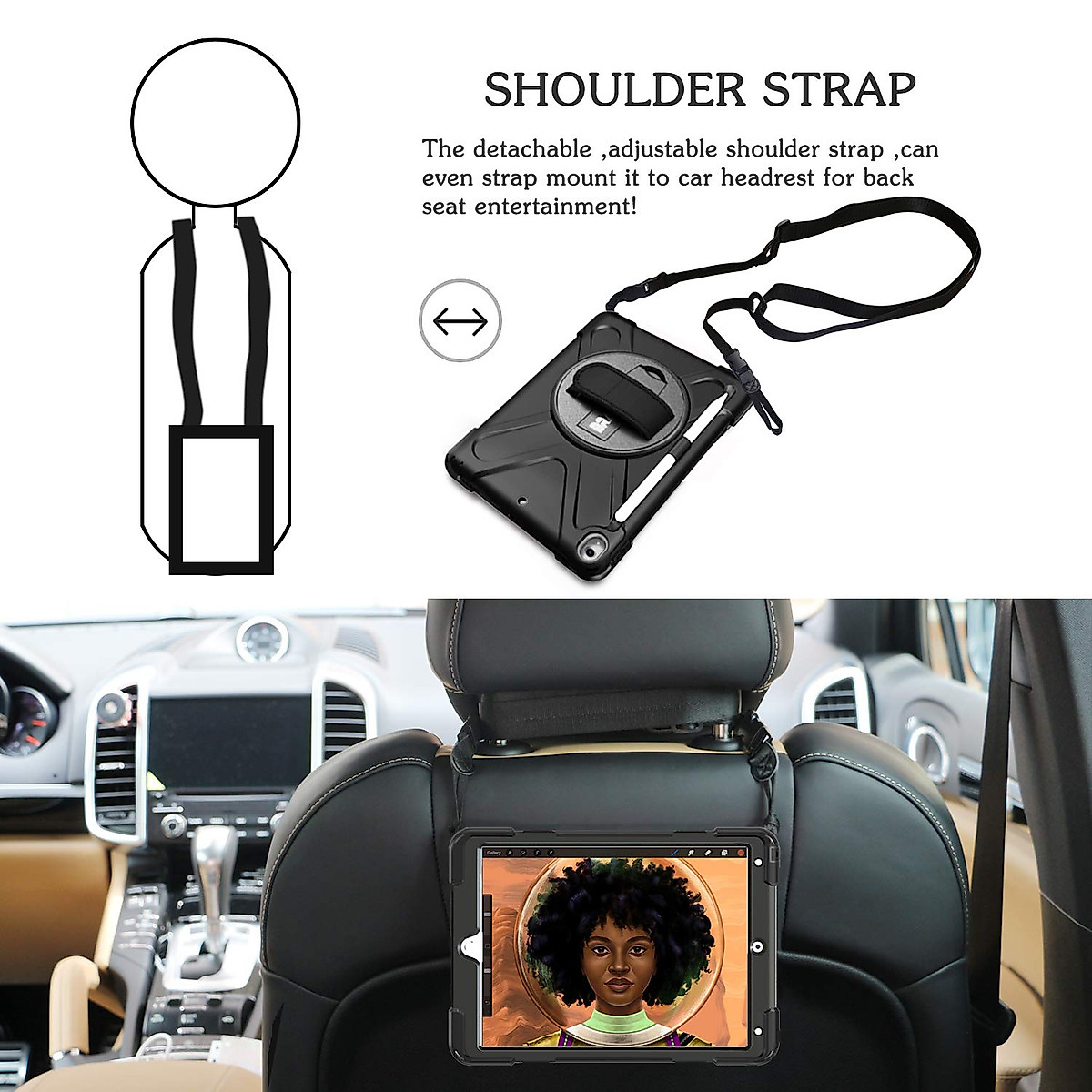 BRAECN for iPad Air 3 10.5 Case 2019,iPad Pro 10.5 Case 2017- Heavy Duty Shockproof Case Cover with Pencil Holder,Rotating Stand/Hand Strap,Carrying Shoulder Strap Fit iPad Air 3rd Gen Case 10.5-Black