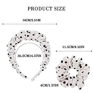 Roncidy Boho Wide Headband Polka Dot Printed Hair Bands Scrunch Hair Hoop Headbands with Hair Scrunchies Elastic Ruched Hairband for Women and Girls,1 Set (White)