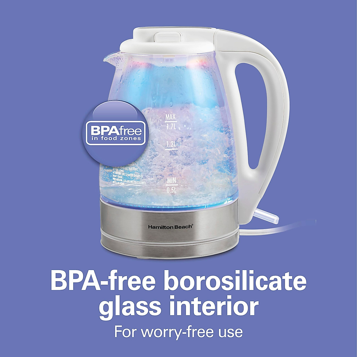 Hamilton Beach 1.7L Electric Tea Kettle, Water Boiler & Heater, LED Indicator, Built-In Mesh Filter, Auto-Shutoff & Boil-Dry Protection, Cordless Serving, Iridescent Clear Glass (41055)