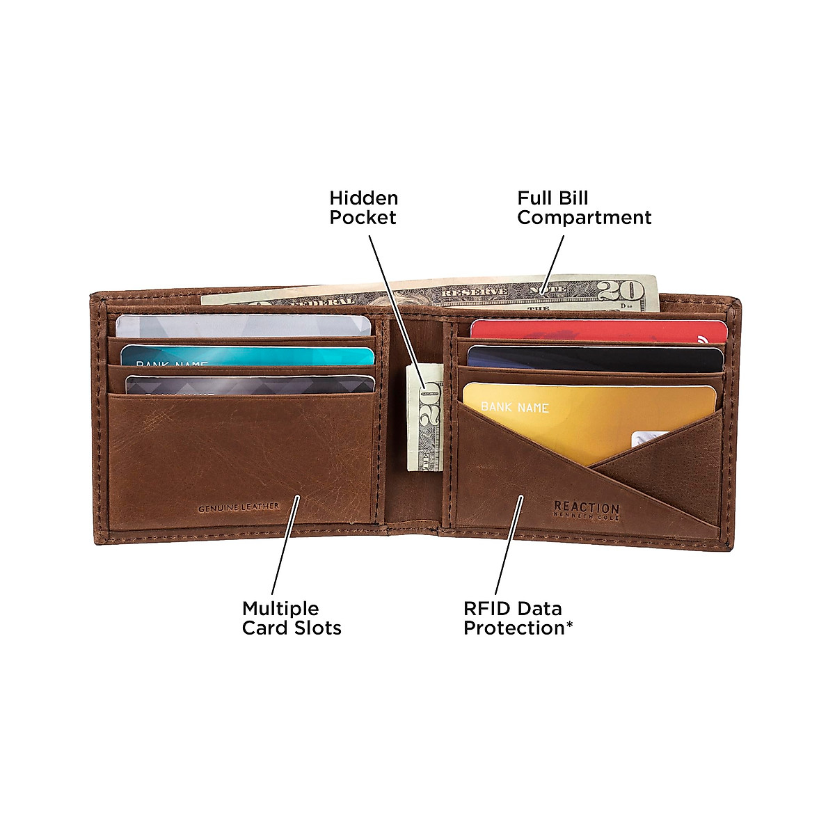 Kenneth Cole Men's Leather Bifold Wallet, Tan, One Size