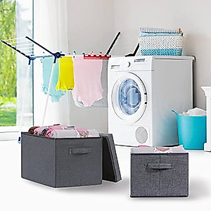 Consmos Large Foldable Fabric Storage Bin with Lids& Dual Handles, Sturdy Cubby Storage Basket for Clothes& Toys, Cube Storage Organizer Bins for Shelves, Closet, Bedroom, Home& Office, Gray 3-Pack