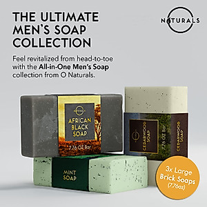 O Naturals Bar Soap for Men - 3-Pcs Mens Soap Bar - Natural Soap - Mens Soap - Body Men Soap Bars - Natural Soap for Men - Organic Men's Soap Bars - Exfoliating Bar Soap - African Black,Cedarwood,Mint
