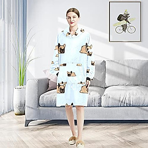 Cute French Bulldog Puppy Pattern Wearable Blanket Hoodie,Oversized Hooded Blanket Sweatshirt