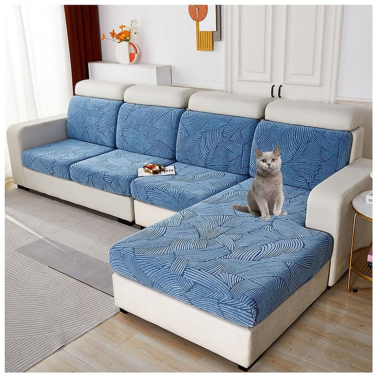 GORHLady Sofa Seat Cushion Covers Highly Elastic 1 2 3 4 Seater L-Shape Non-Slip Sofa Covers Replacement Elastic Furniture Protectors with Bottom Elastic Protectors 4-Seater Blue