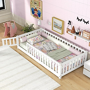 Bellemave Floor Bed for Kids,Twin Size Montessori Floor Bed with Door and Fence,Solid Wood Twin Bed Frame with Removable Slats for Girls Boys,Twin,White