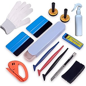 14PCS Car Wrap Kit, Car Window Film Tools Vinyl Wrap Tool Kit Windshield Tint Squeegee Glove Magnet Fixer Film Cutting Knife Film Film Edge Scraper Set