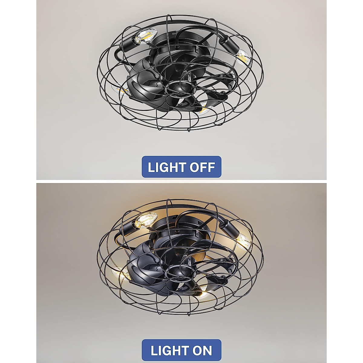 Glitnous 18'' Small Caged Flush Mount Ceiling Fans with Lights and Remote, Black Low Profile Rustic Farmhouse Modern Lighting & Ceiling Fan, Bladeless 6 Speed Timing for Bedroom Kitchen Dining Room