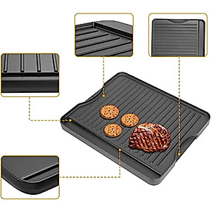 2-in-1 Reversible 14” x 16” Pre-Seasoned Cast Iron Cooking Griddle for Gas Stove/Charcoal/Electric/Propane/Gas Grill, Flat Griddle Top Plate for Camping Tailgating