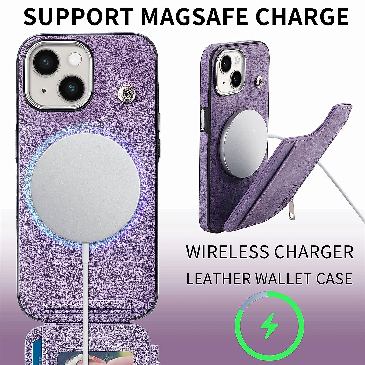 Wallet Case for iPhone 13 6.1 inch with MagSafe Magnetic RFID Blocking and Credit Card Holder Kickstand Wireless Charging Leather Zipper Phone Cover for iPhone13 5G i i-Phone i13 iPhone13case Purple