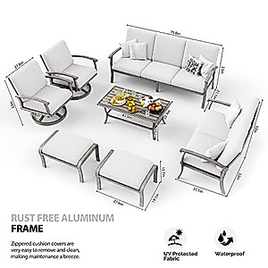 HAPPATIO 7 Piece Aluminum Patio Furniture Set, 3-Seat Outdoor Loveseat, All-Weather Outdoor Sectional Sofa with Ottomans and Coffee Table, Garden Conversation Set with Swivel Armchairs for Lawn (Gray)