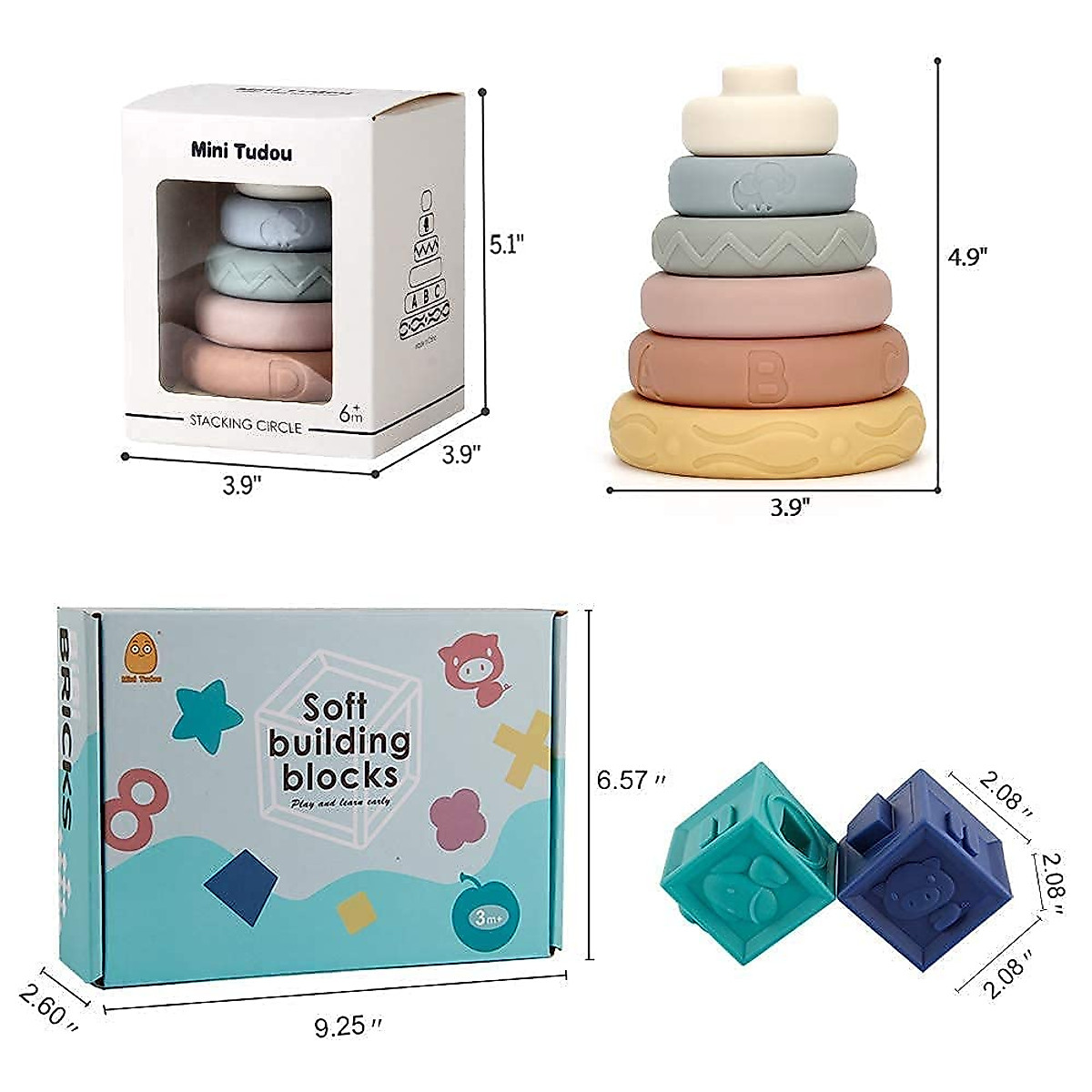 Mini Tudou Baby Blocks & Stacking Rings Toy Set, Baby Sensory Building & Teething Toys Educational Squeeze Play with Animals Shapes Textures Numbers, Holidays for Toddlers Babies 6m+