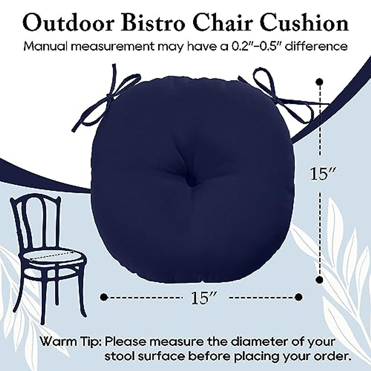 LOVTEX Bistro Chair Cushions Set of 2, Outdoor Round Chair Cushions 15 Inch, Waterproof Round Outdoor Cushions with Ties, Navy Blue Outdoor Chair Cushions for Patio Furniture
